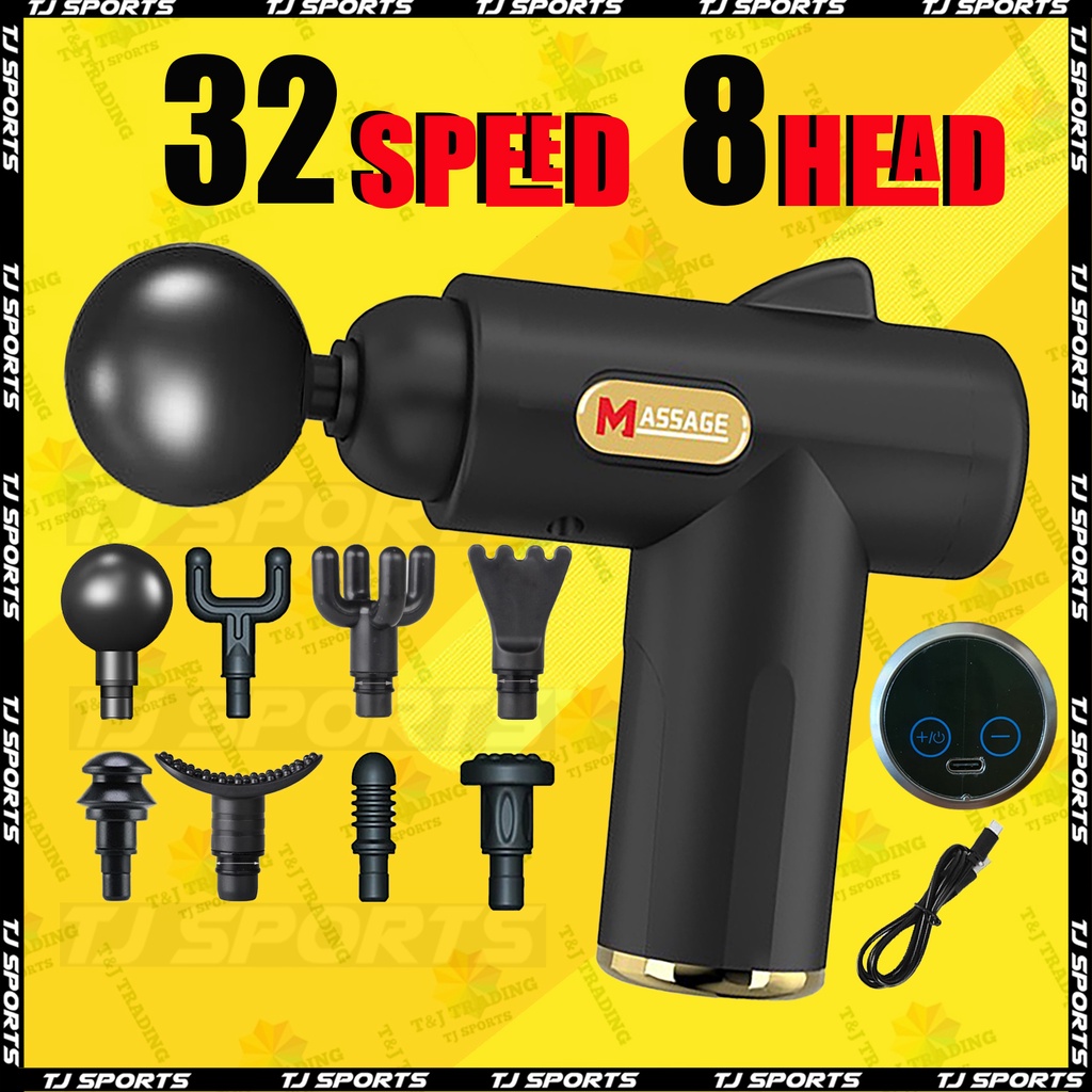 Mesin Urut LCD Mini Massage Gun 32 Speeds 8 Heads Massage Gun Strong ...