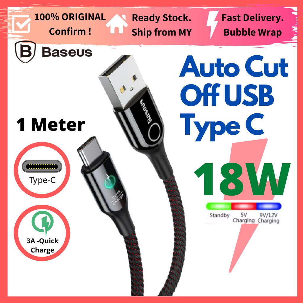 BASEUS Auto Cut Off Disconnect USB Type C Fast Charging Cable 18W 3A ...
