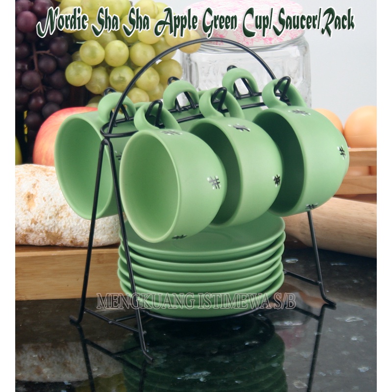 13 PC NORDIC BOHEMIAN SHA SHA APPLE GREEN QUALITY CUP AND SAUCER SET ...