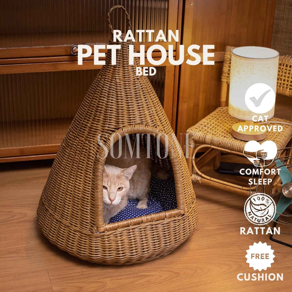 [Cat Approved] Rattan Pet Bed Camp House for Cat Kitten Relax Sleeping ...