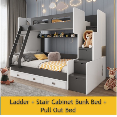 EKSENSE Nordic Double Decker Bunk Bed Frame Pull Out Bed Drawer Cabinet ...