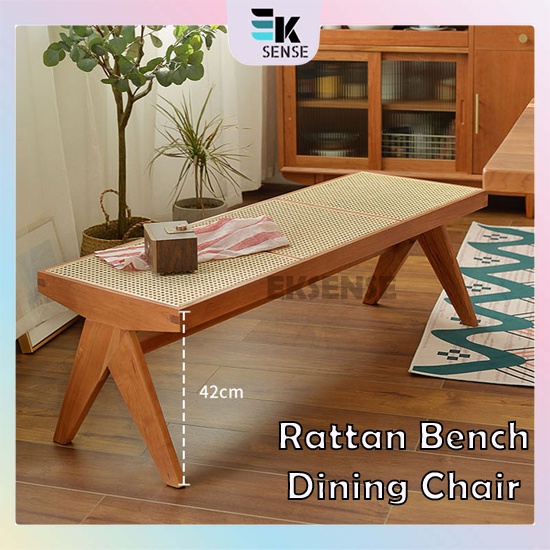 EKSENSE Japanese Designer Stool Rattan Bench Solid Wood Dining Chair ...