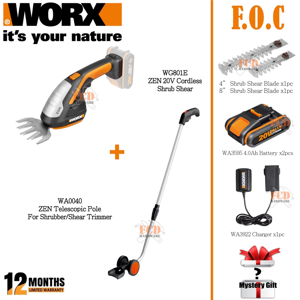 WORX SPECIAL OFFER WG801E 20V Cordless ZEN 3 in 1 Shrub Shear + WA0040 ...