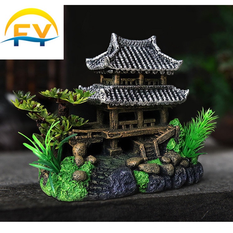 FY Aquarium Fish Tank Decoration Ancient Vintage Chinese House Building ...
