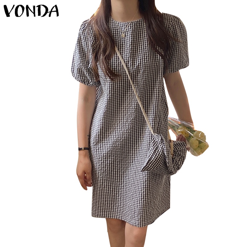 VONDA Women Korean Summer Round Neck Puff Sleeve Short Sleeve Plaid ... VONDA Women Korean Summer Round Neck Puff Sleeve Short Sleeve Plaid ...