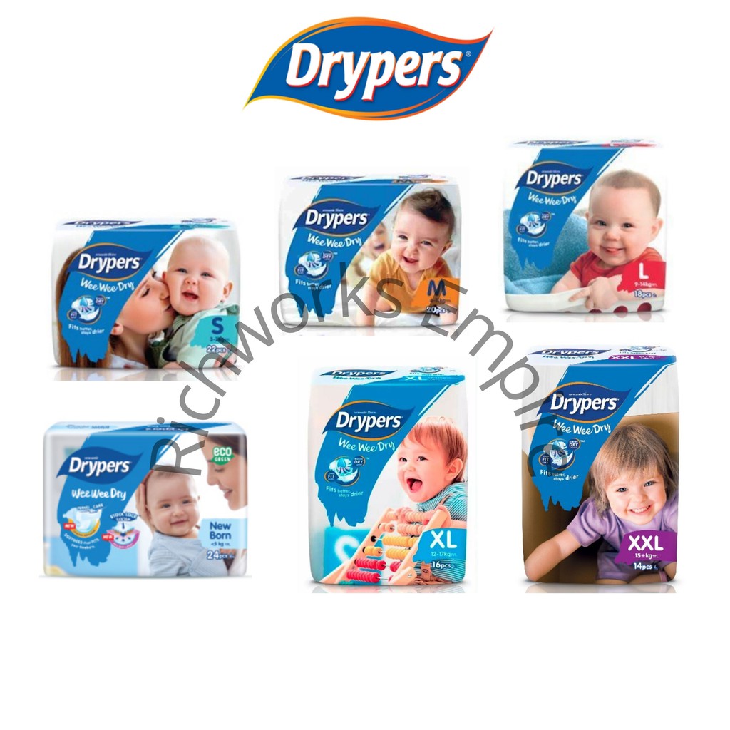 Drypers Wee Wee Dry Tape Travel Pack (New Born/S/M/L/XL/XXL) | Shopee ...