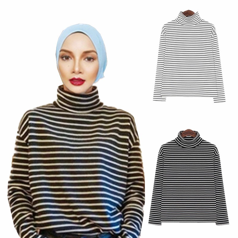 Muslimah Stripe Turtle Neck Inner Blouse Hight Neck Long Sleeve Tops ...