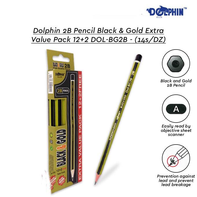 Dolphin 2B Pencil Black & Gold Extra Value Pack 12+2 DOL-BG2B - (14s/DZ ...