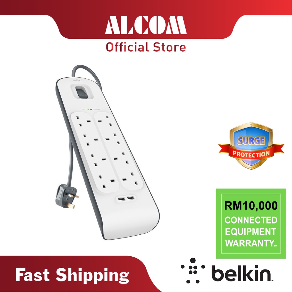 BELKIN 8 Gang 2 USB BSV804SA2M 2M Surge Protector Extension Plug Socket ...