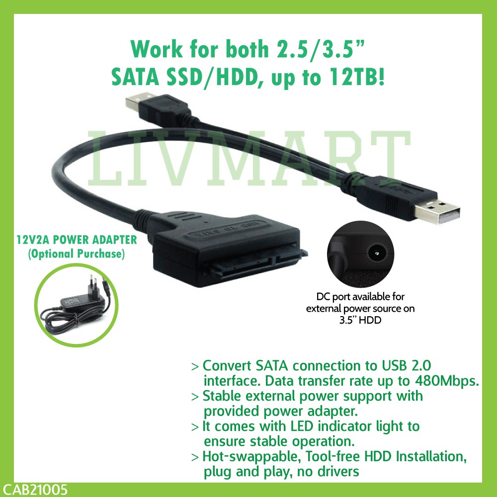 2.5 3.5 Inch 2.0 USB to SATA Cable Hard Disk Drive HDD Solid State ...