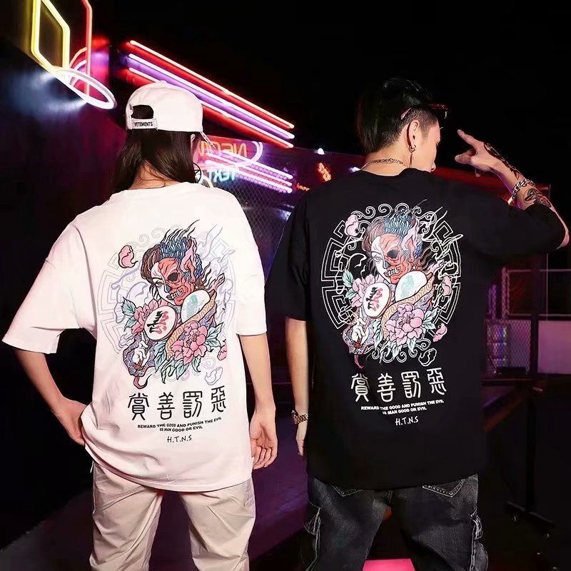 (Size S-8XL)Summer Demon pattern Fashion cotton trend Men's and women Short-sleeved T-shirt Hip ...