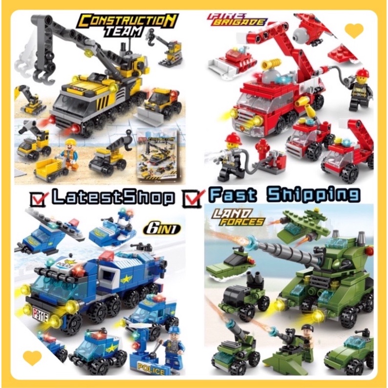 Mainan Tank Police Car Fire Truck Car Helicopter Assembled Building ...