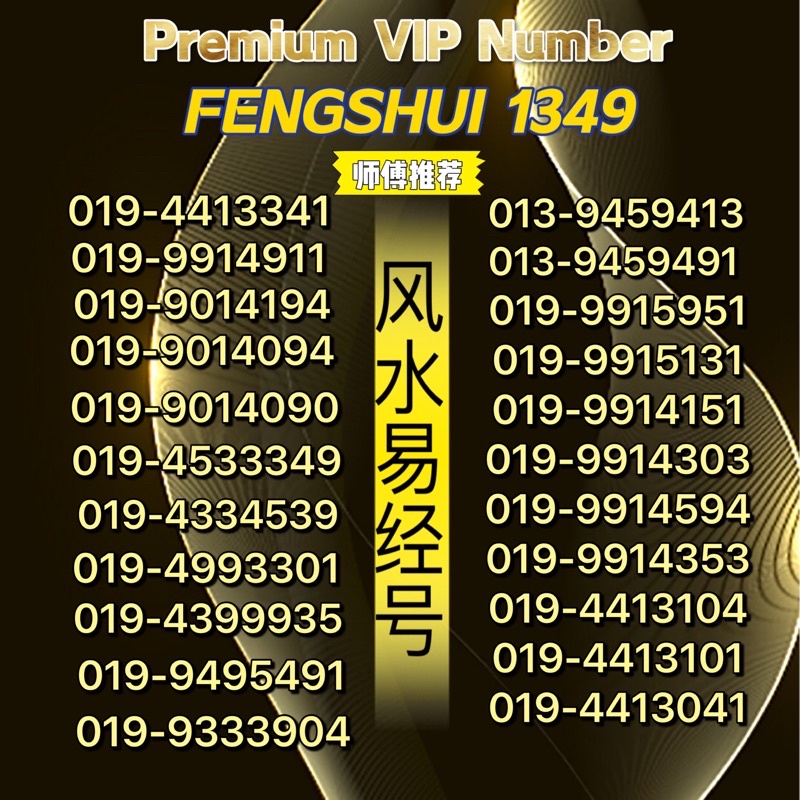 Fengshui 1349 Vip Number 风水号 易经号 吉祥号 正能量号 师傅推荐 1349 Fengshui Number ...