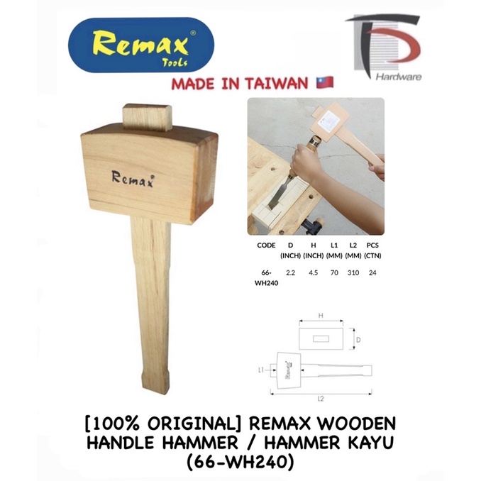 [100% ORIGINAL] REMAX WOODEN HANDLE HAMMER / HAMMER KAYU (66-WH240 ...