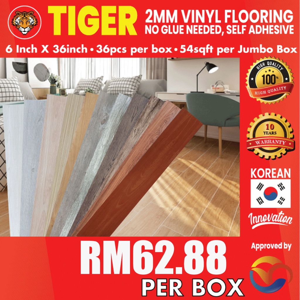 DIY TIGER 2MM VINYL FLOORING SELF ADHESIVE 36keping 54sqft WOODEN/WATERPROOF/MURAH/DENGAN GUM(NO ...