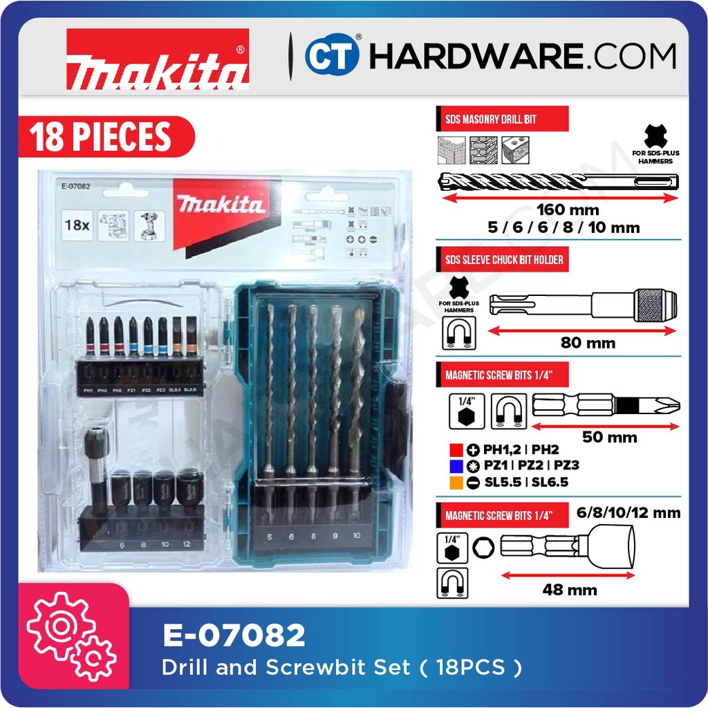 MAKITA E-07082 SDS PLUS MANSORY DRILL BIT & SCREW BIT ACCESSORIES SET ...