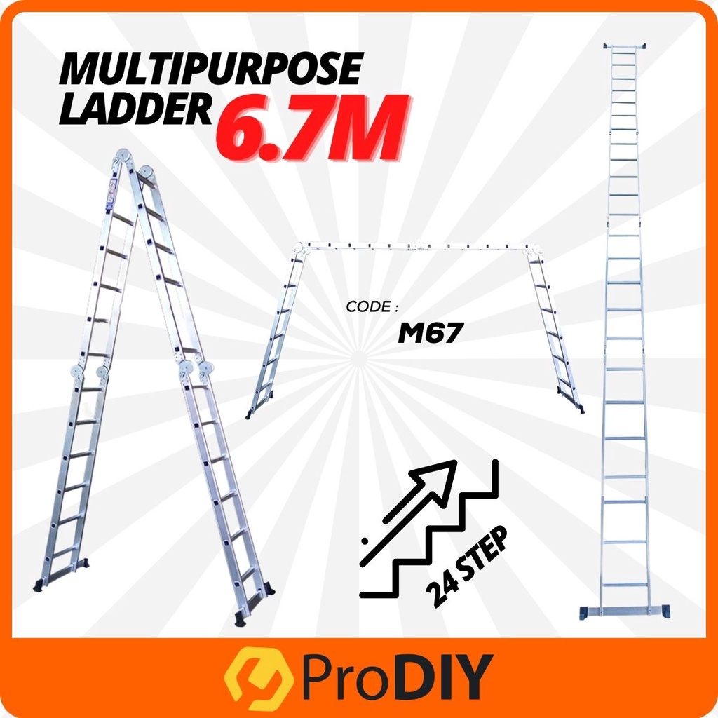 M67 24 Step Multipurpose Aluminium Ladder 6.7M Lightweight Adjustment ...
