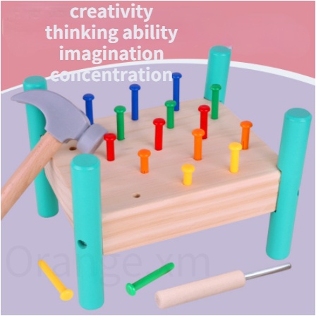 Montessori Wood Children Colorful Knock Nails Tool Toy Hammer Hitting ...
