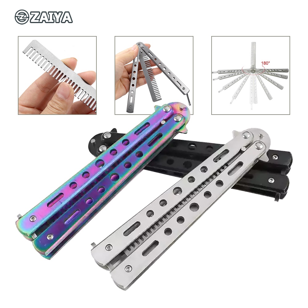 BUTTERFLY KNIFE COMB Stainless Steel Hair Foldable Training Practice ...
