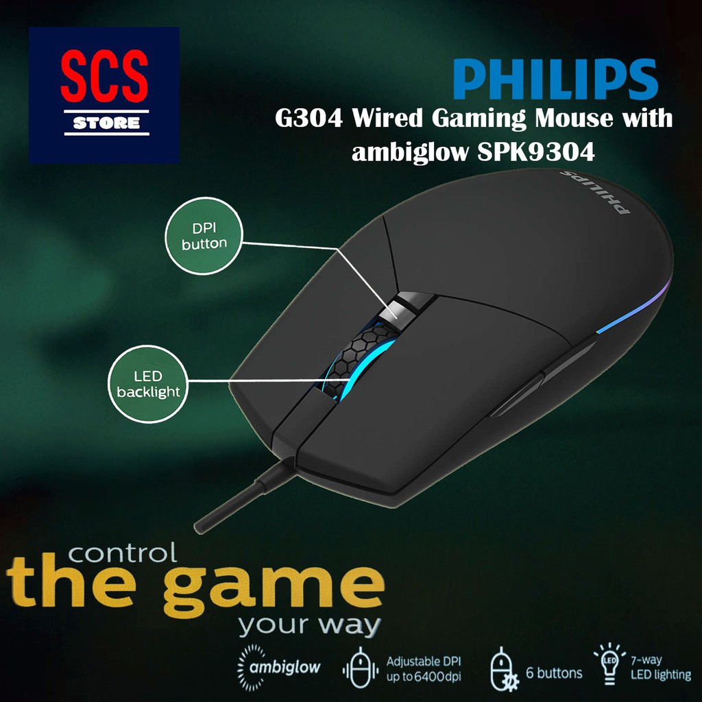 Philips SPK9304 6400DPI Wired Gaming Mouse G304 with 7 Colors Ambiglow ...
