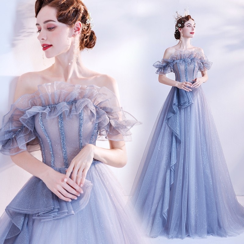 Elegant Gradient Blue Starry Bride Toast Dress Off Shoulder Princess ...