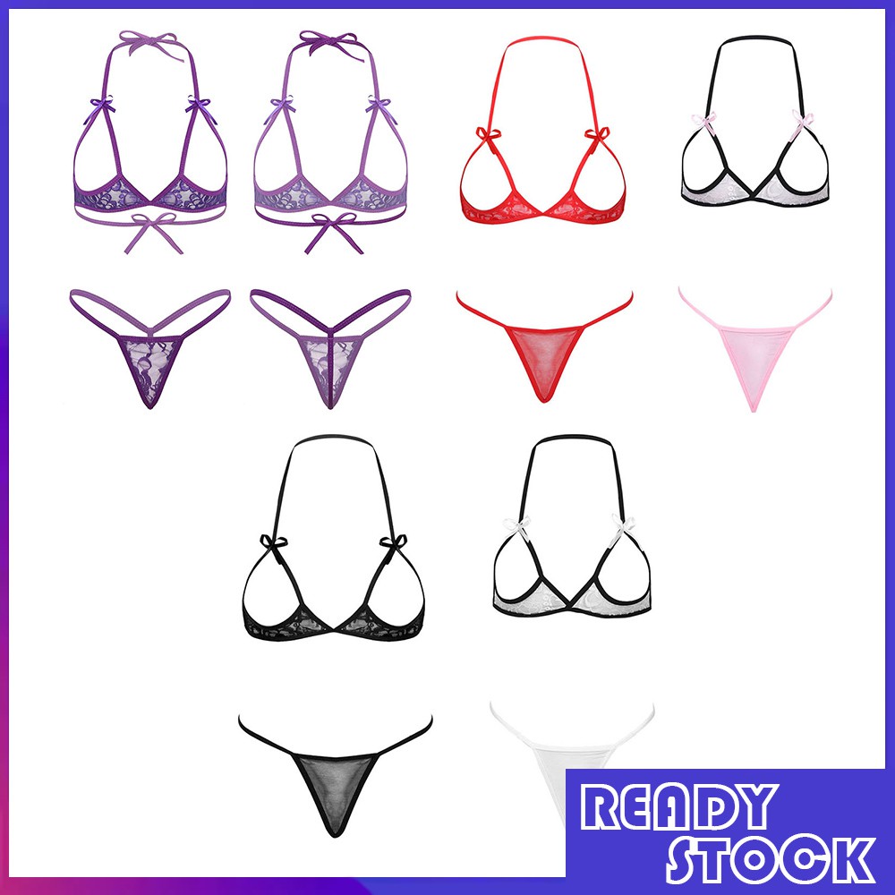 Women Lace Bowknot Lingerie Suit Two Piece Bikini Set Nightwear Open