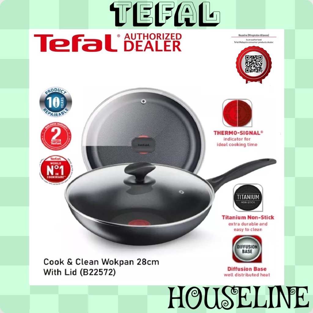 (8.8 SALES!!) Tefal Cook & Clean 28cm Non Stick Wokpan + Glass Lid B22572 Deep Wok Stir Fry Pot ...