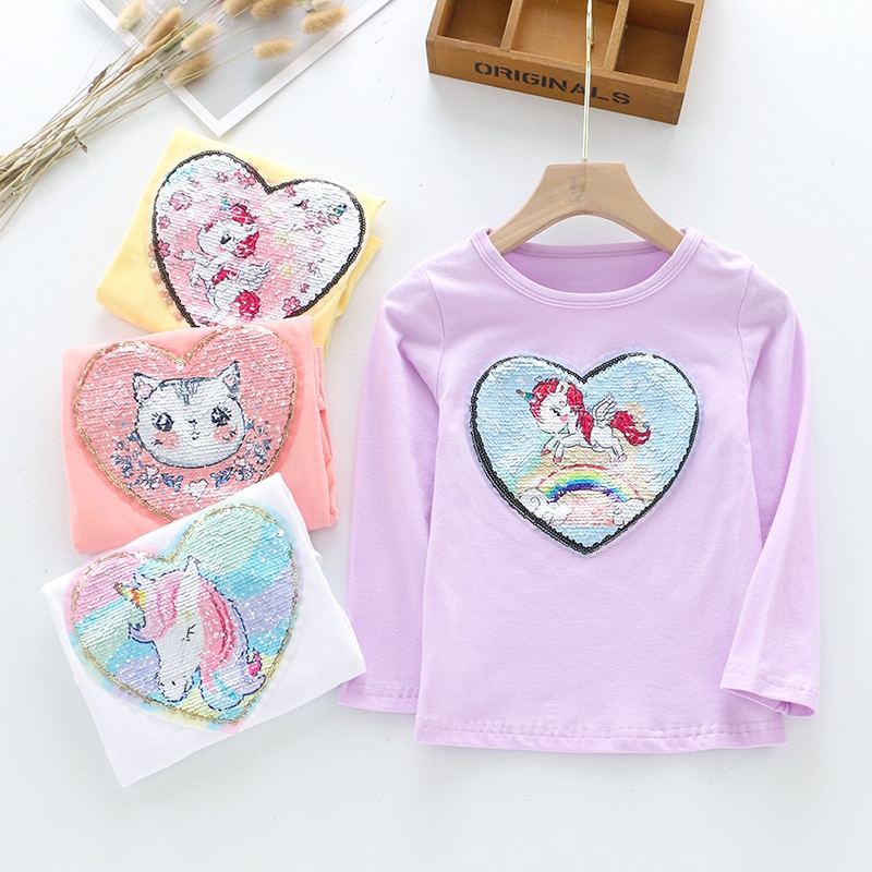 Long Sleeve Girl T shirt Cartoon Unicorn Girl Shirts Sequined Kids Top Fashion Girls Clothing-in ...