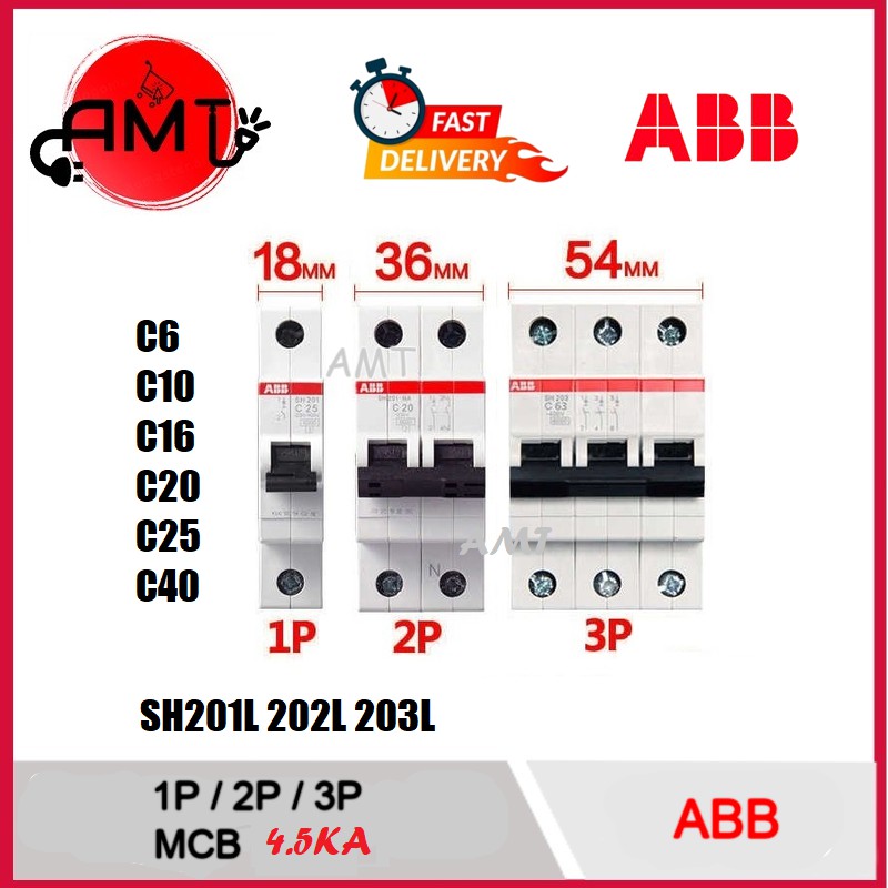 ABB SH201L 6A 10A16A 20A 25A 32A 40A 1POLE 2POLE 3POLE MCB 4.5KA | Shopee Malaysia