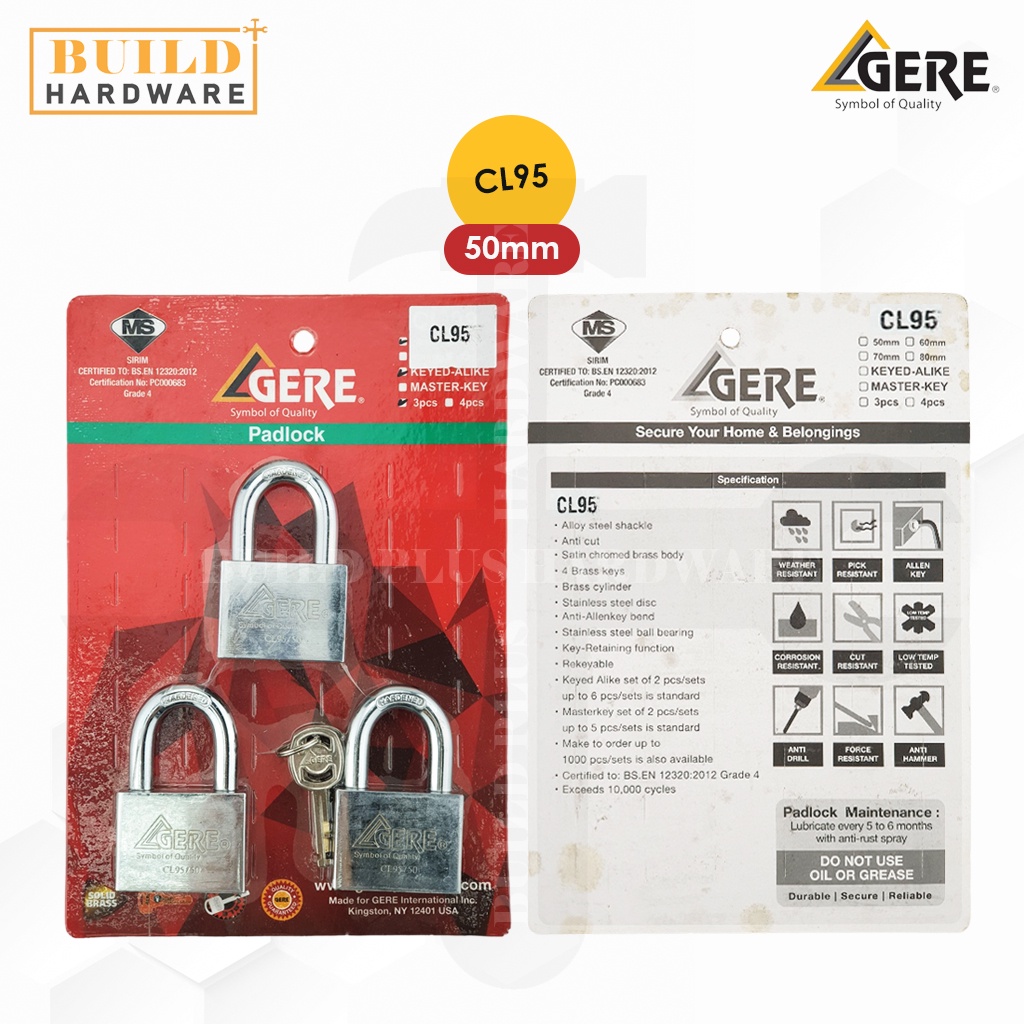GERE SQ 40mm/50mm CL95 Keyed-Alike Padlock Chromed Brass Key Alike ...