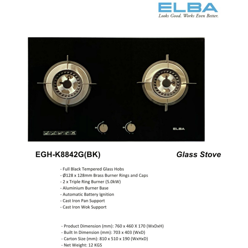 *SHIP TODAY*ELBA GLASS GAS STOVE (3 BURNER) EGH-K8843G(BK)/ELBA EGH-K8842G(BK) (2 BURNER) BUILT ...