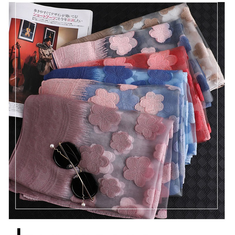Jifang Women Gradient Color Floral Organza Silk Scarf Shawl Hollow Out ...