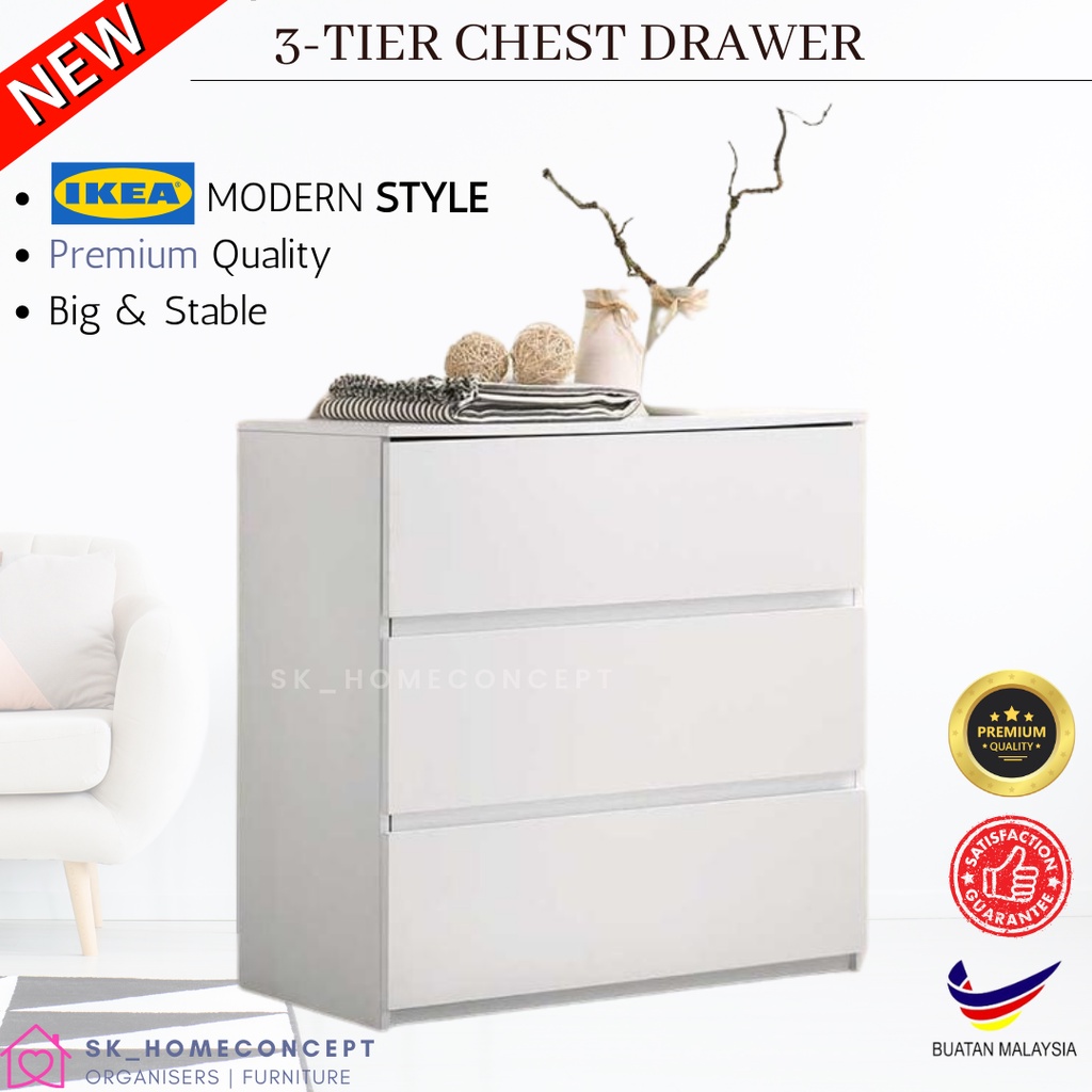SUPER PROMO | QUALITI TERBAIK | 3 TIER CHEST DRAWER (WHITE) | LACI KAYU ...