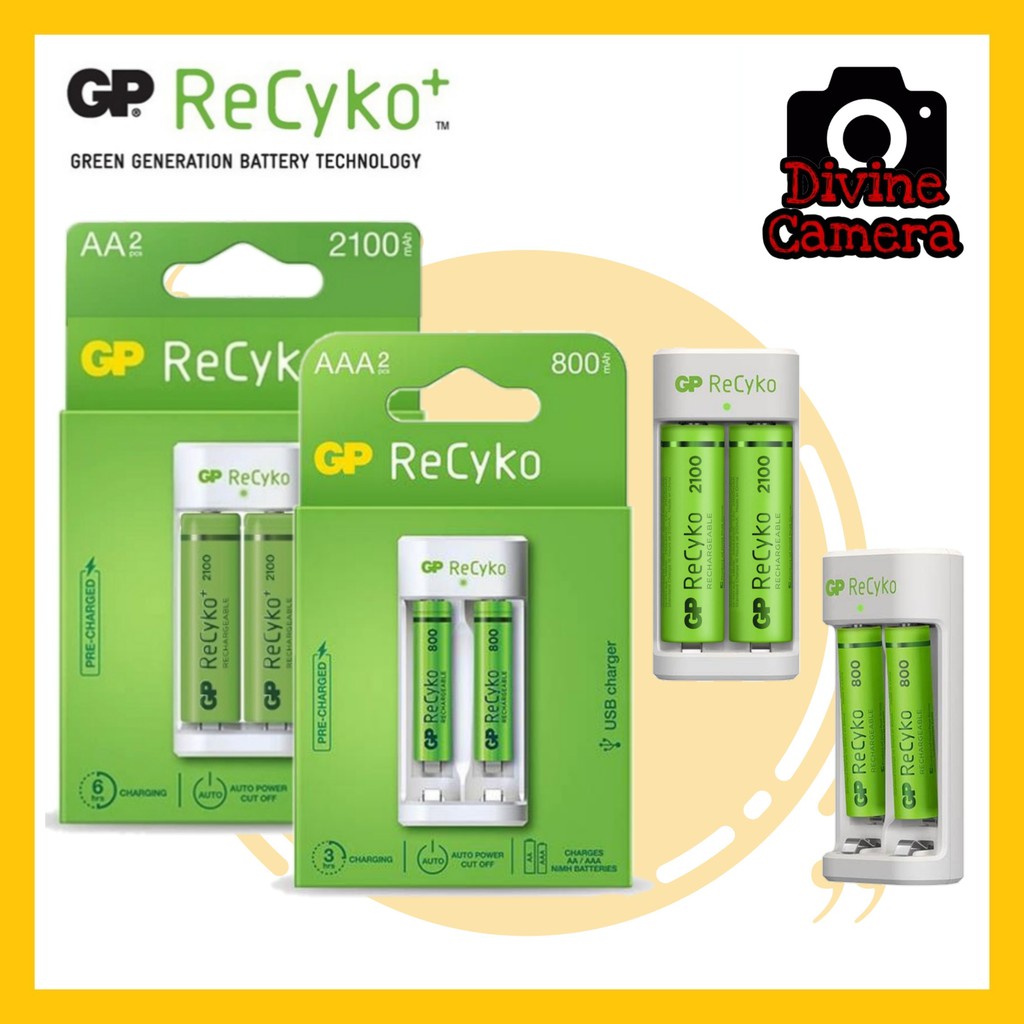 GP ReCyko 2-Slot E211 USB Charger with 2 x AA 2,100mAh / 2 X AAA 800mAh NiMH Batteries | Shopee ...