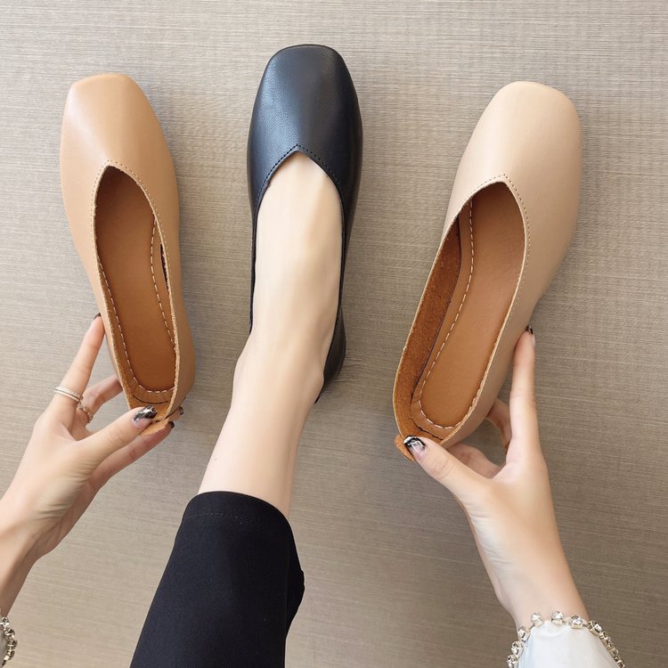 Concise Flats Versatile Thin Sole Pu Solid Color Square Toe Rubber ...