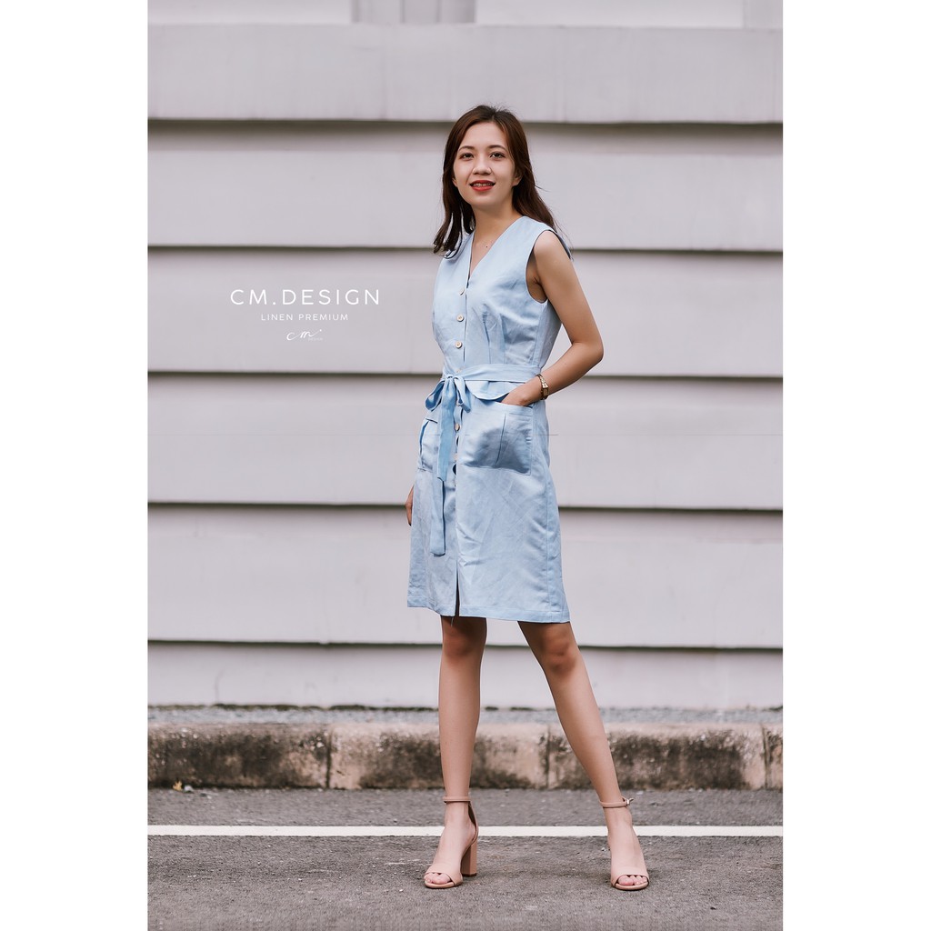 Cm Design linen V-neck dress with bow waist (light blue) | Shopee Malaysia