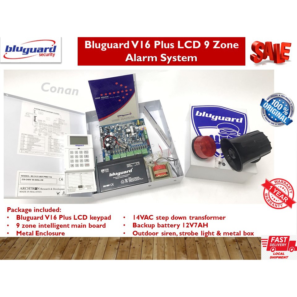 Bluguard V16-Plus LCD 9 Zone Security Home Alarm System Package - Wired ...