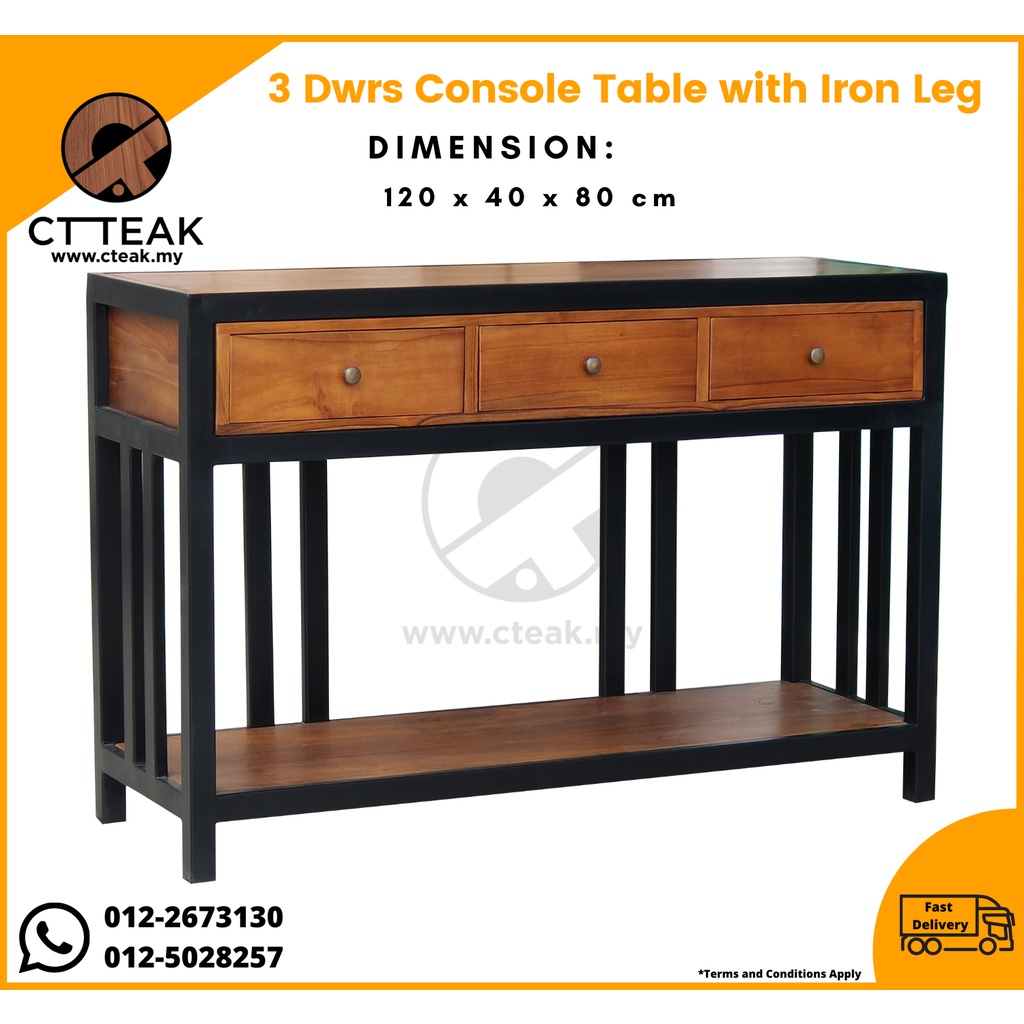 CT Teak Furniture Jati / Teak Wood 3 Drawers Console Table with Iron ...