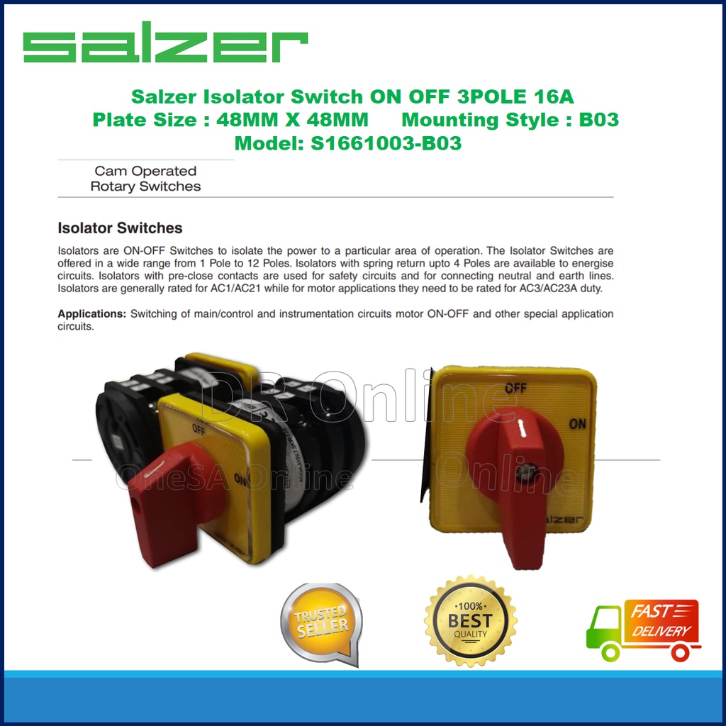 SALZER ISOLATOR SELECTOR SWITCH, ON/OFF ~ 16A ~ 3POLE, (S1661003-B03 ...