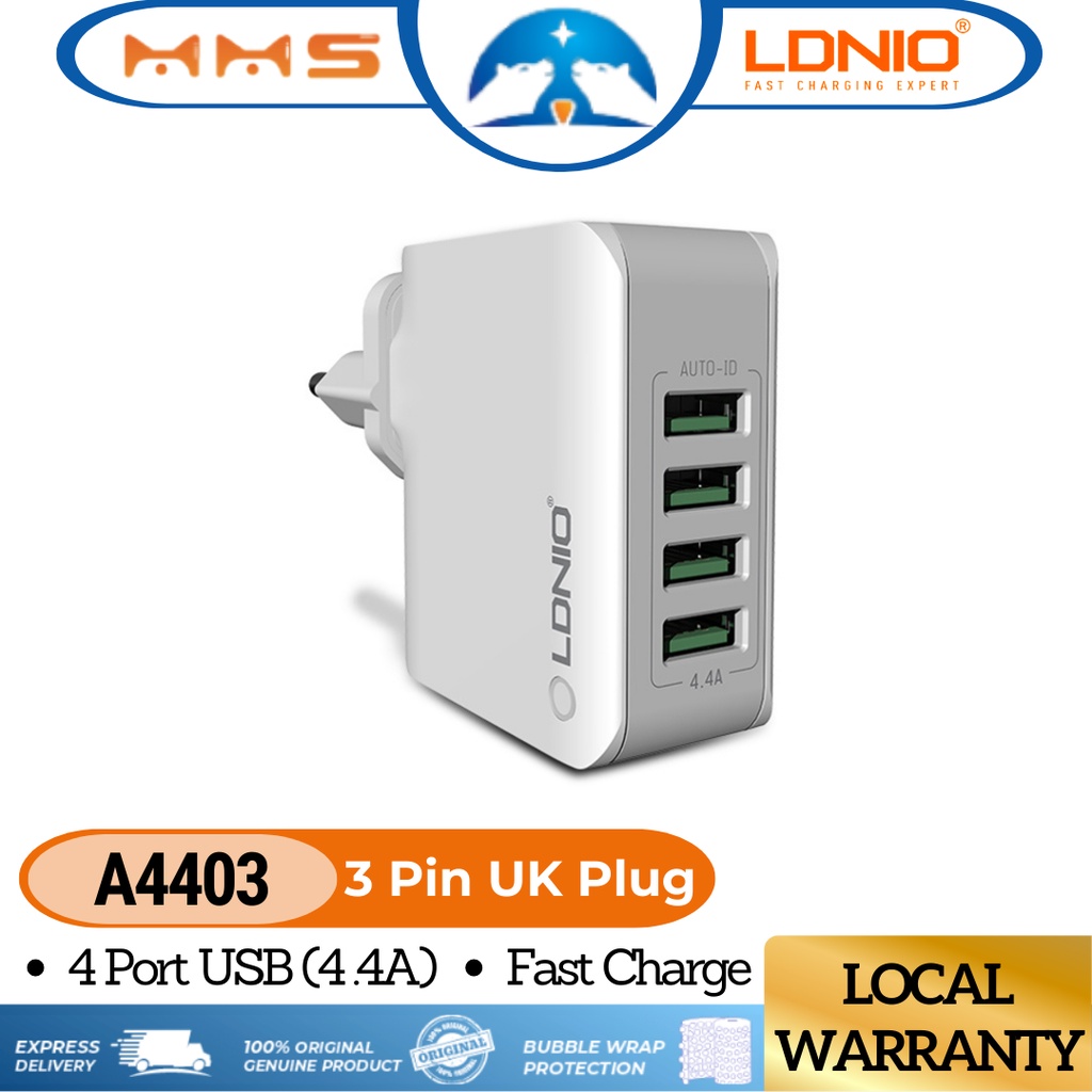 LDNIO A4403 4 USB PORT 4.4A AUTO ID FAST CHARGING -UK Pin A201 2 USB ...