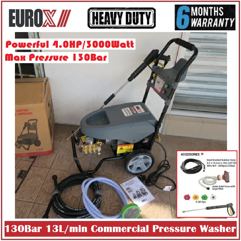 EUROX 3.0kW (4.0Hp) 130Bar 13L/min Commercial Pressure Washer HPB1313 - Heavy Duty - 6 Months ...