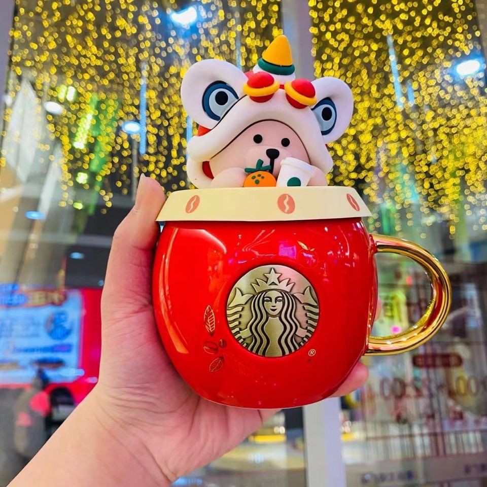 Starbucks New Year Gift Lion Dance Bear Drumming Ceramic Gold Handle ...