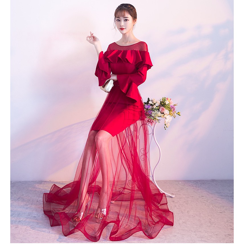 BEAUNIQUE Lotus Folds Long Lotus Sleeve Transparent Lace Maxi Dress ...