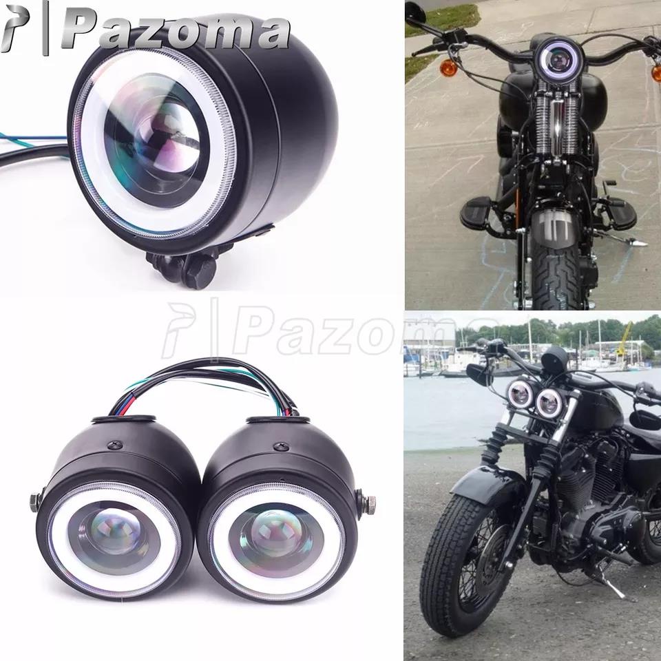 Universal Motorcycle LED Twin Headlight Chopper Head Light Double Front ...