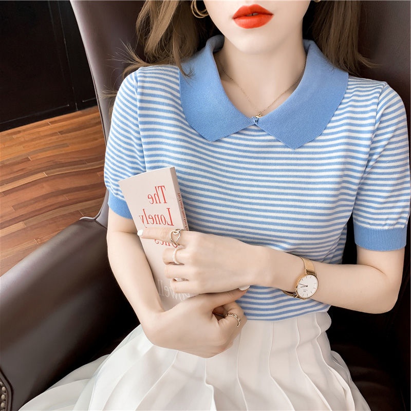 Summer Striped Collar Short Sleeve Ice Silk Knit Sweater Women's Thin ...