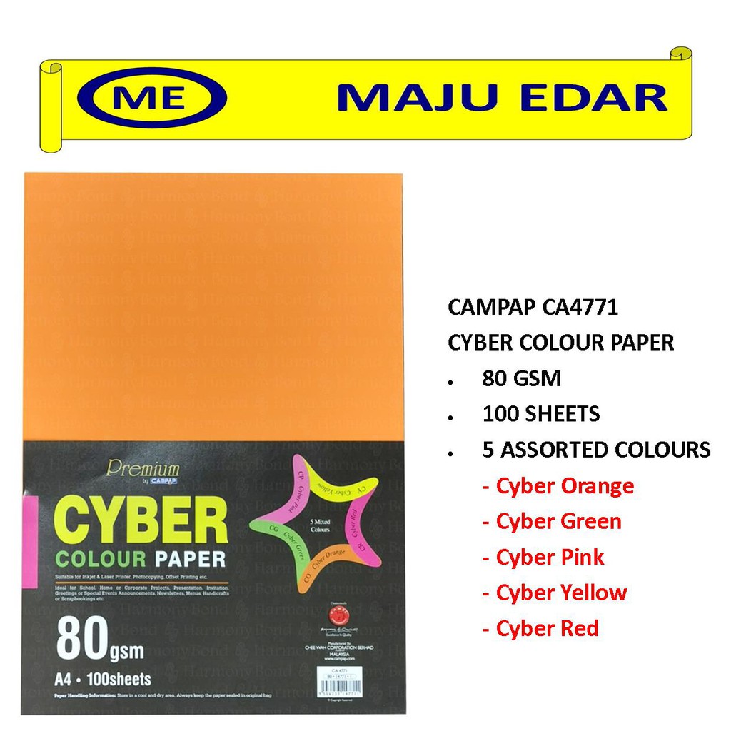 CAMPAP CYBER COLOUR PAPER A4 80GSM 100 SHEETS/ KERTAS WARNA A4 | Shopee ...
