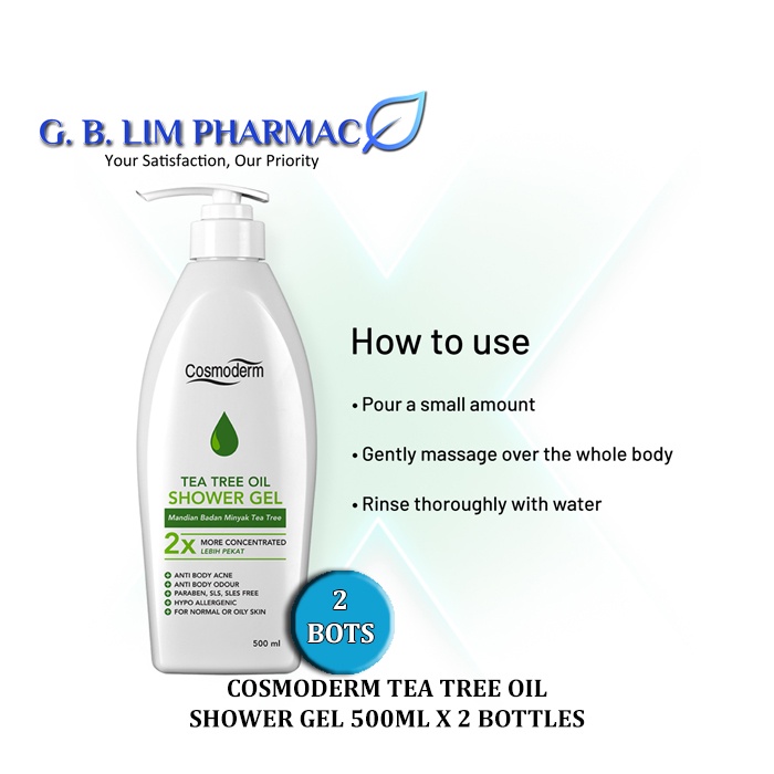 Cosmoderm Tea Tree Oil Shower Gel 500mL- 2 BOTTLES (EXP: 30-JUNE-2026 ...