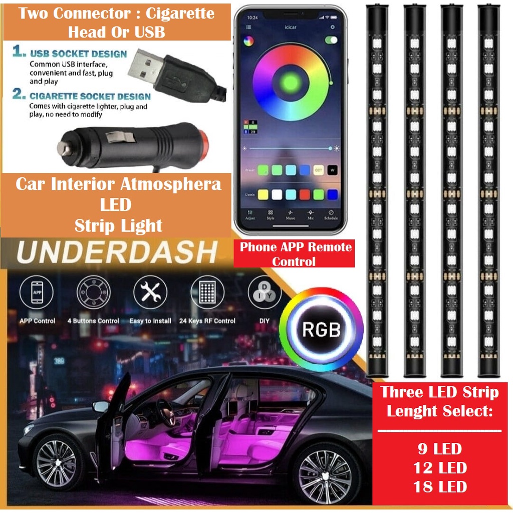 Car Interior Led Strip Light Room Reading Roof light RGB Foot Lamp USB ...