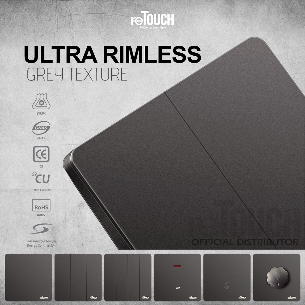 reTouch Matte Grey Ultra Rimless Switch 1 2 3 4 Gang 1 Way 2 Way Bell ...