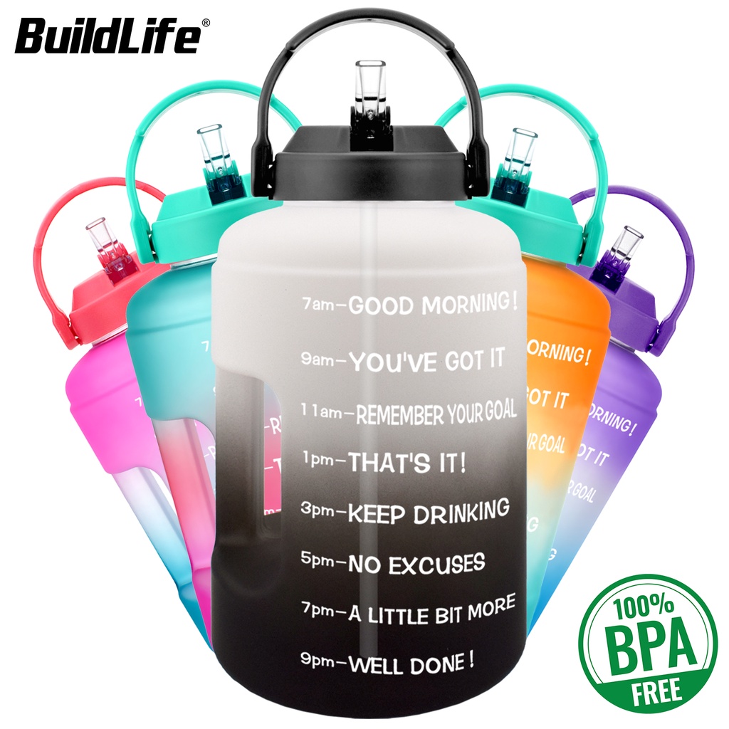 BuildLife 3.78L Water Bottle Wide Mouth with StrawTime Marker Large BPA ...